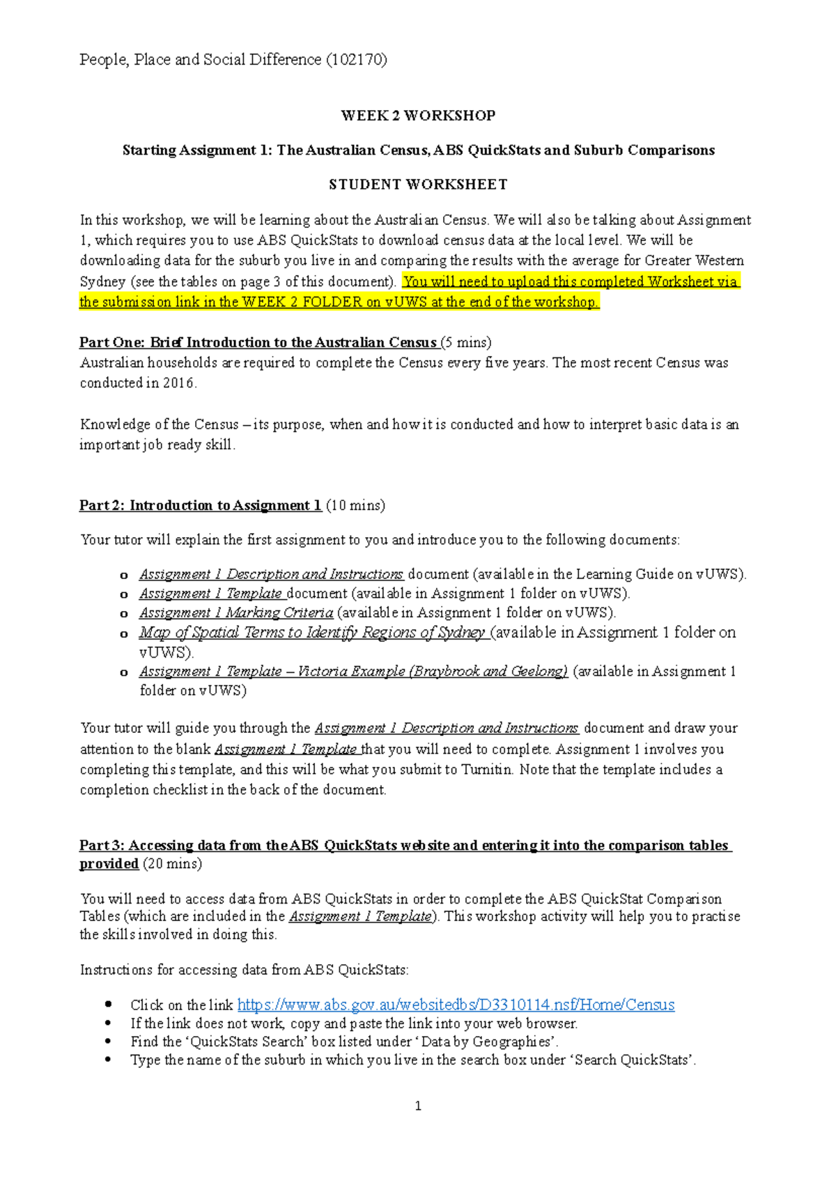 Tutorial 2 worksheet week two - WEEK 2 WORKSHOP Starting Assignment 1 ...