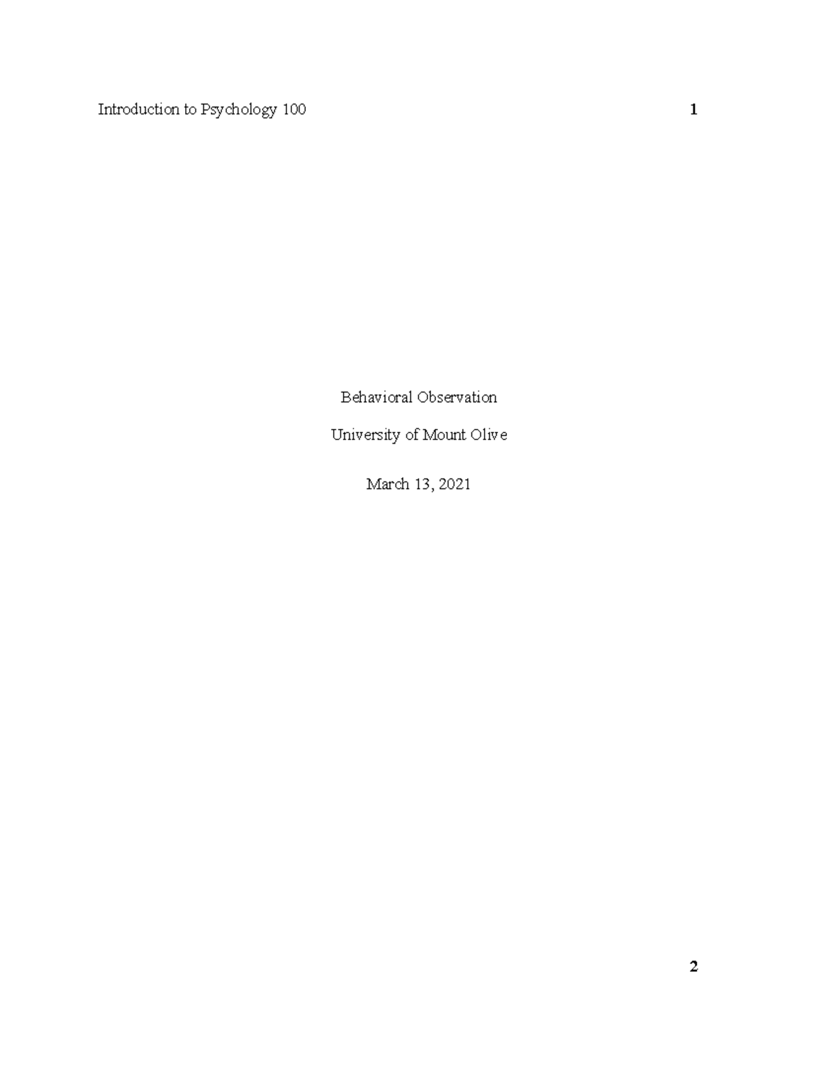 Behavioral Observation - Introduction to Psychology 100 1 Behavioral ...