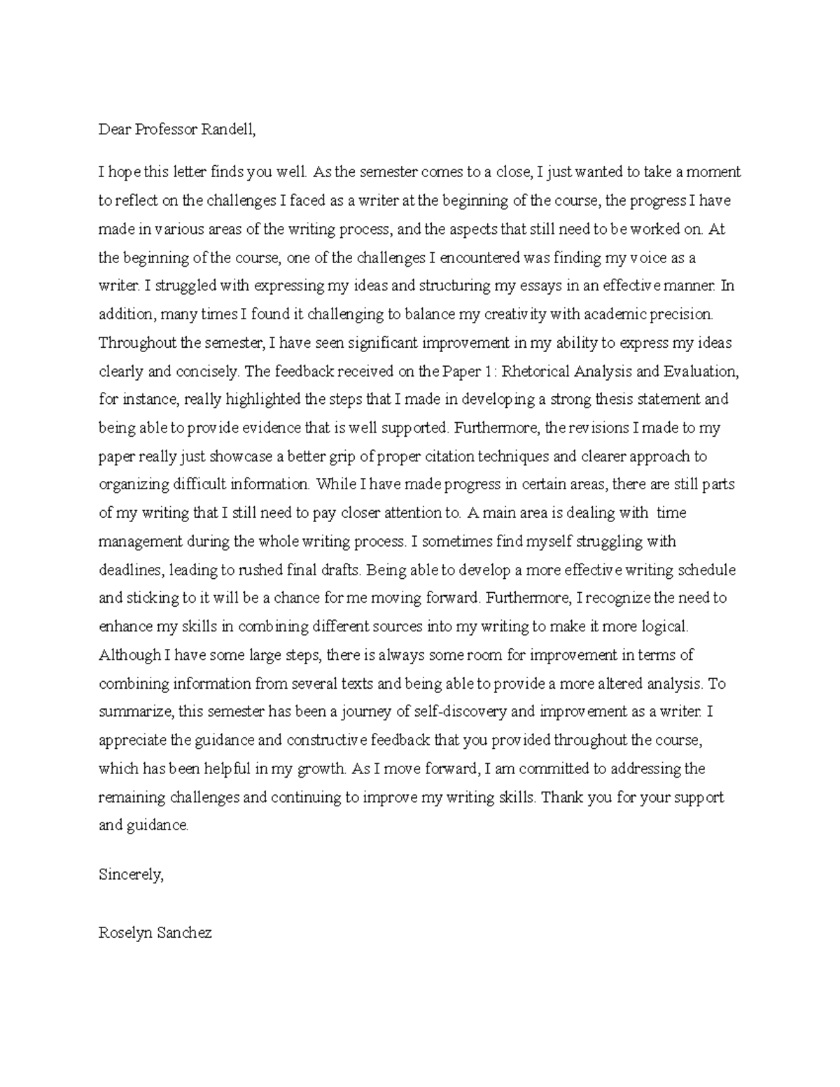 Self Assesment Letter - Description of self assessment - Dear Professor ...