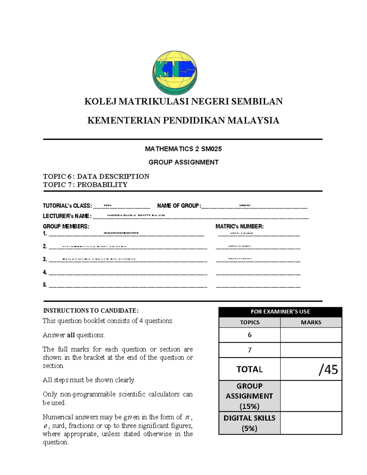 2324 SM025 Cover & Akuan Tugasan Kumpulan copy - KOLEJ MATRIKULASI ...