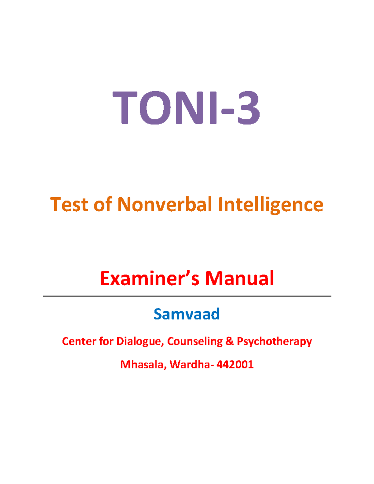 Toni Workbook - IQ test - Clinical Psychology - TONI- Test of Nonverbal ...