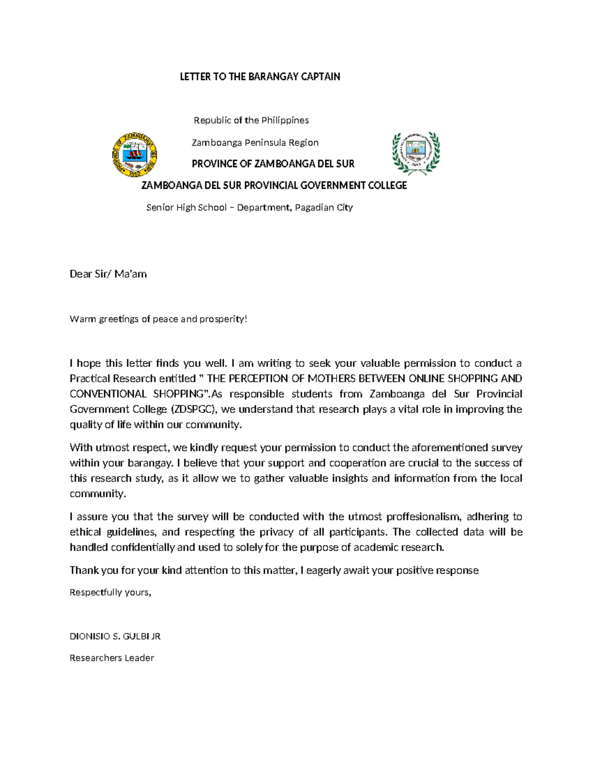 Letter TO THE Barangay Captai 1 - LETTER TO THE BARANGAY CAPTAIN Republic of the Philippines ...