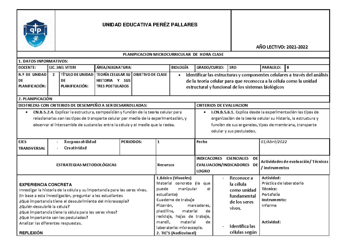 Formato de planificacion de hora clase en blanco (1) (2) (Autoguardado) - UNIDAD EDUCATIVA PERÉZ ...