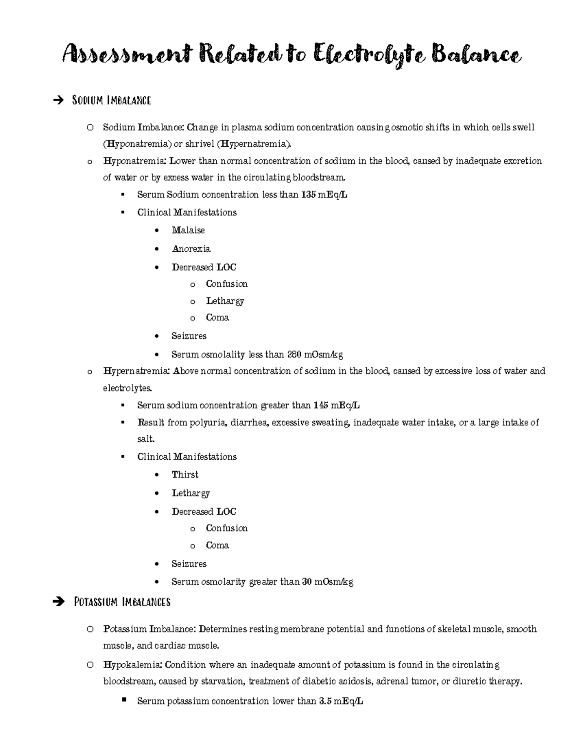 Study Guide: Electrolyte Balance - Assessment Related to Electrolyte ...