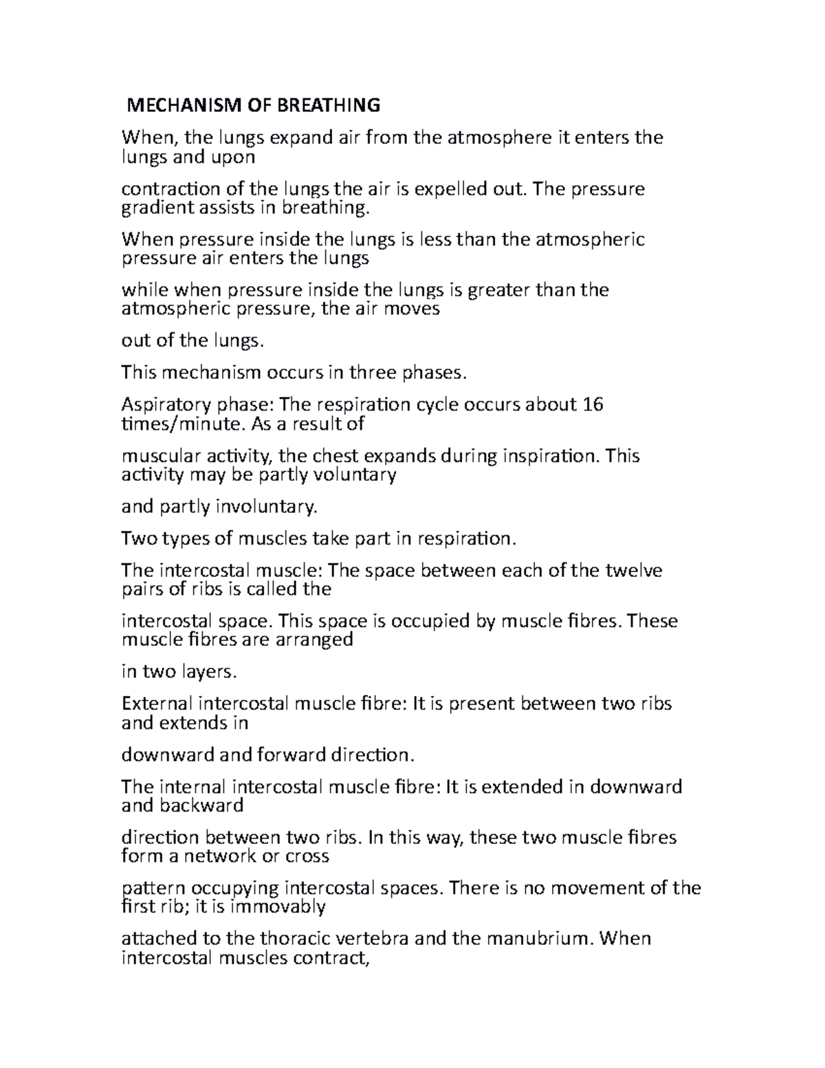 Mechanism OF Breathing notes - MECHANISM OF BREATHING When, the lungs ...