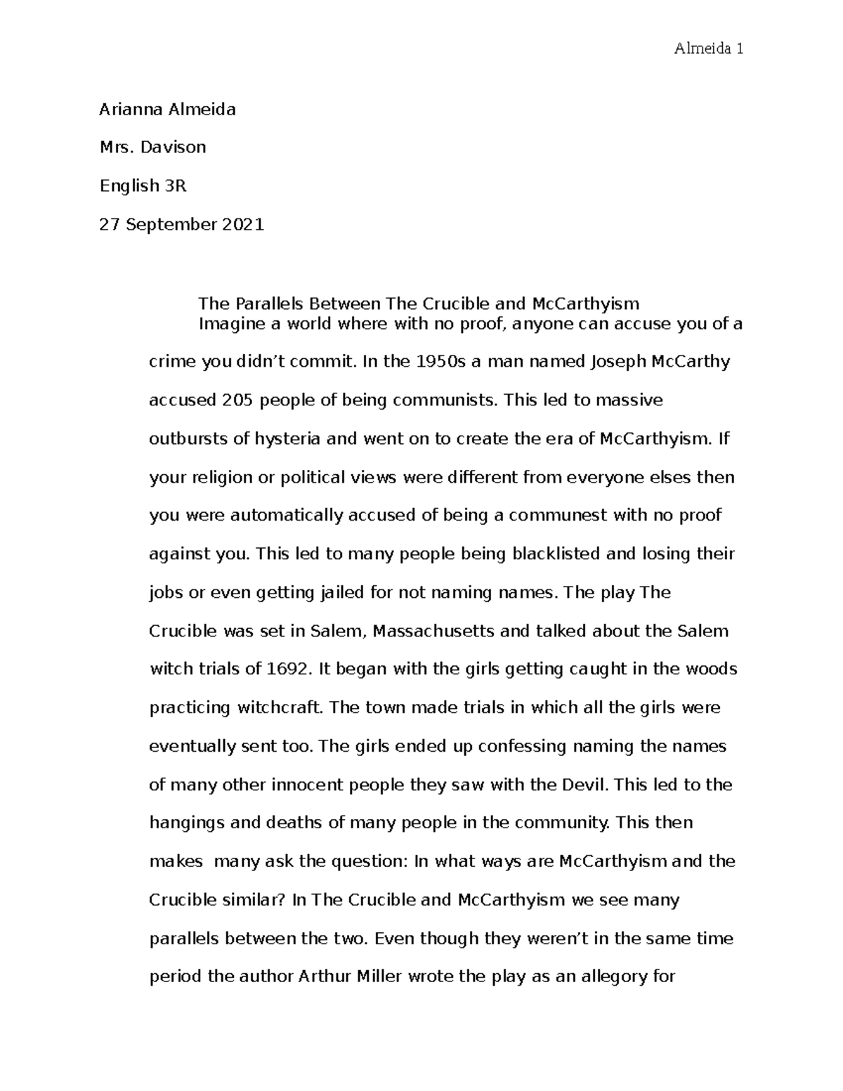 The Crucible DBQ Rough Draft Peer Edited Self-Edited with Rubric [ Graded] - Arianna Almeida Mrs ...