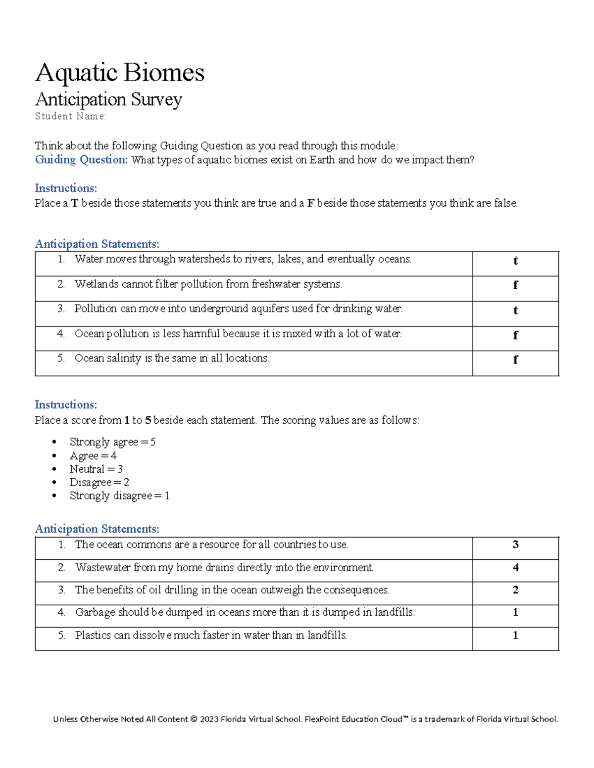 03 00 anticipation survey - Aquatic Biomes Anticipation Survey Student ...