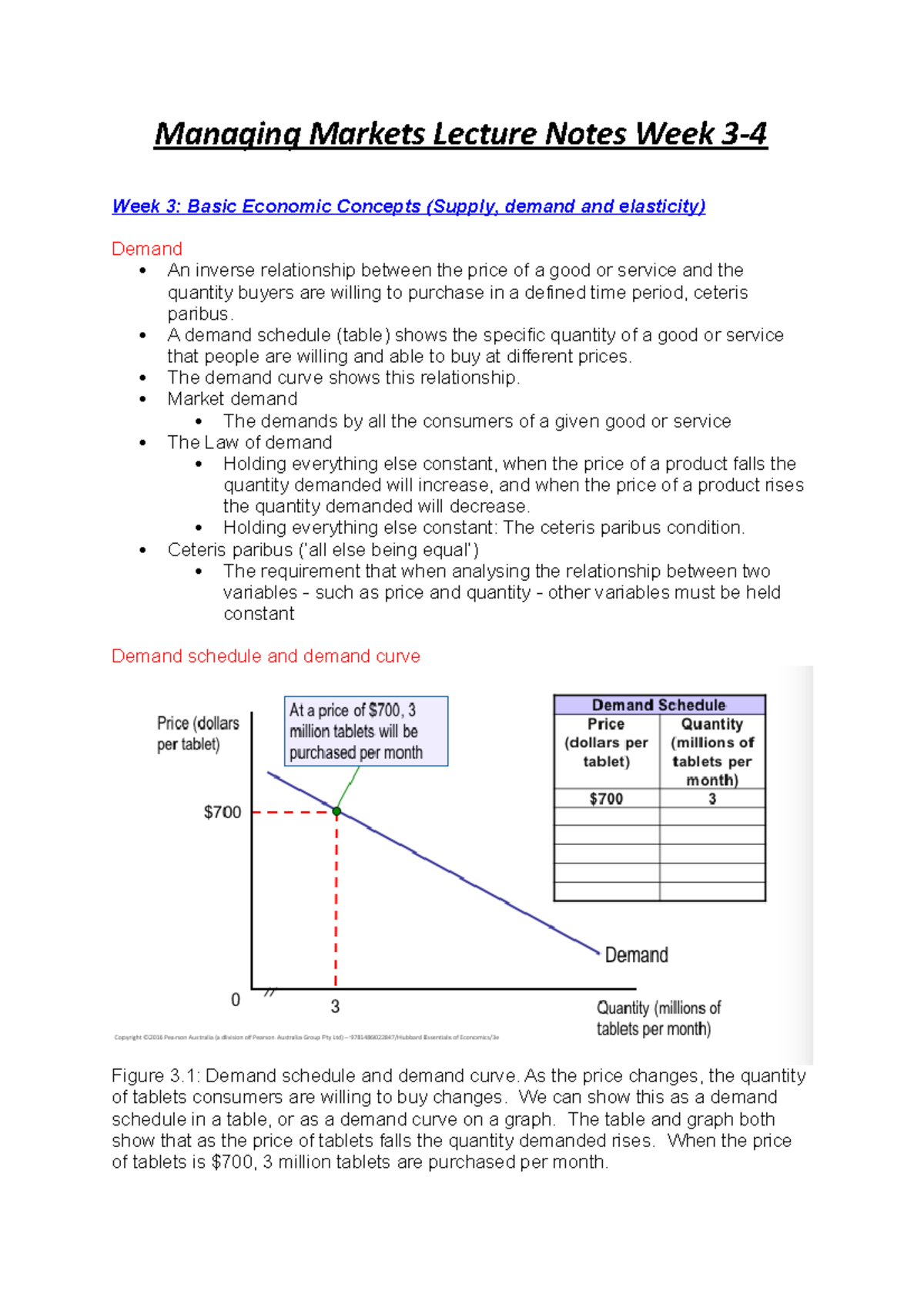 Managing Markets Lecture Notes Week 3-4 - A demand schedule (table ...
