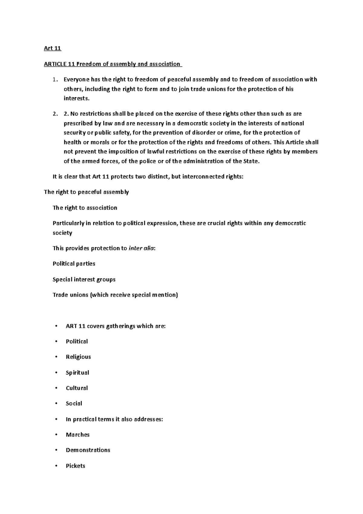 Human rights - Art 11 - Lecture notes 2 - Art 11 ARTICLE 11 Freedom of ...