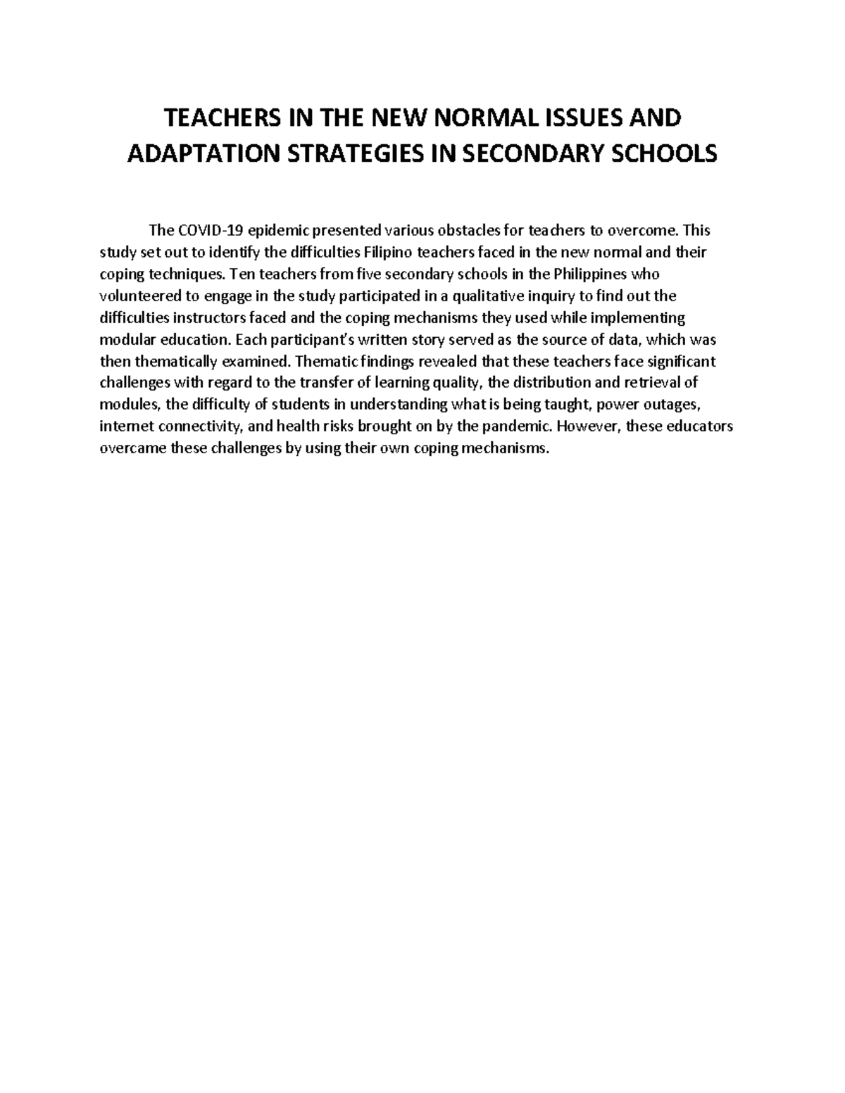 Teachers IN THE NEW Normal Issues AND Adaptation Strategies IN ...