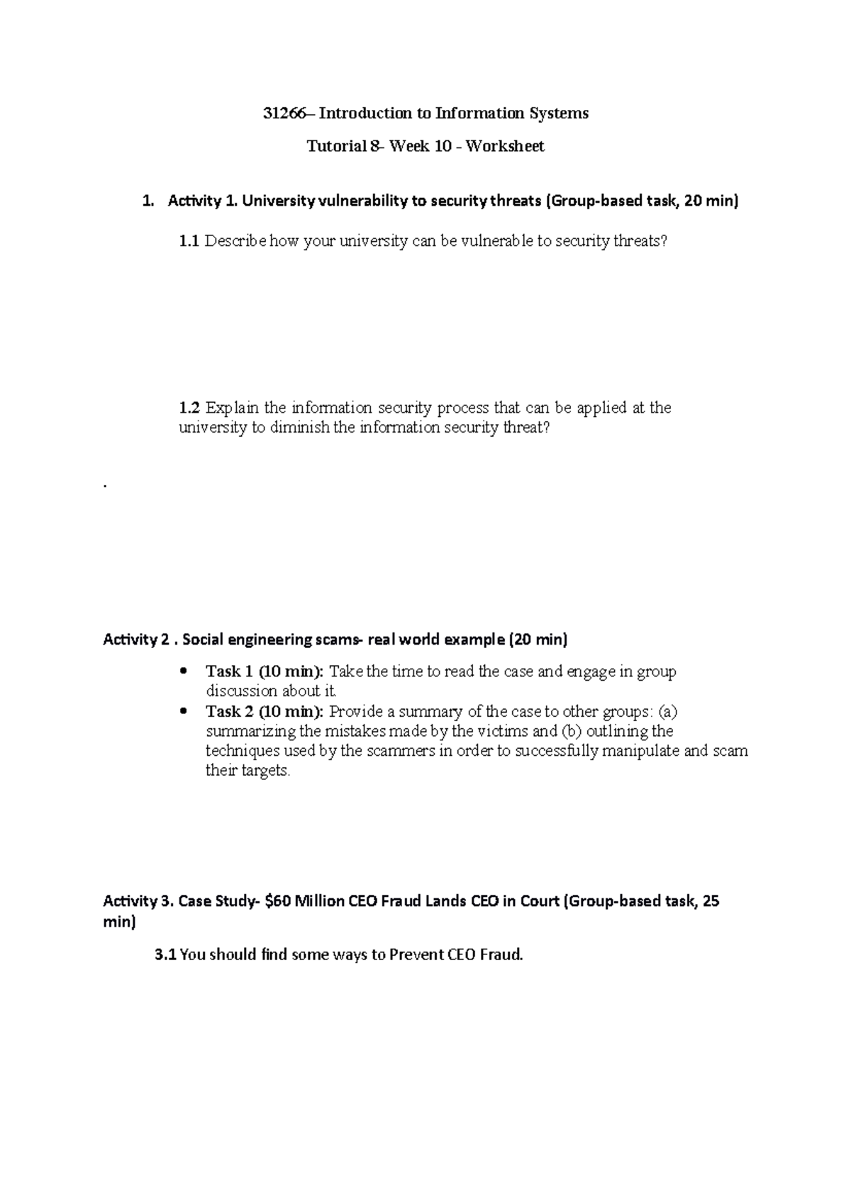 Worksheets-Wk10-1 - aaaaaa - 31266– Introduction to Information Systems Tutorial 8- Week 10 ...