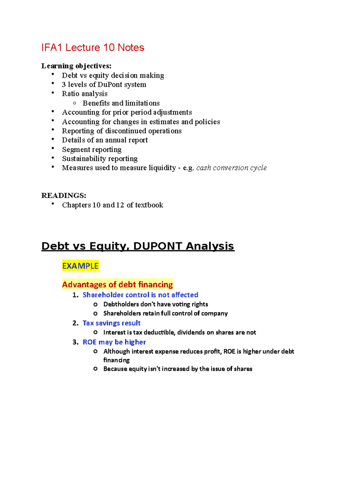 IFA1 Lecture 10 Notes - IFA1 Lecture 10 Notes Learning objectives: Debt ...
