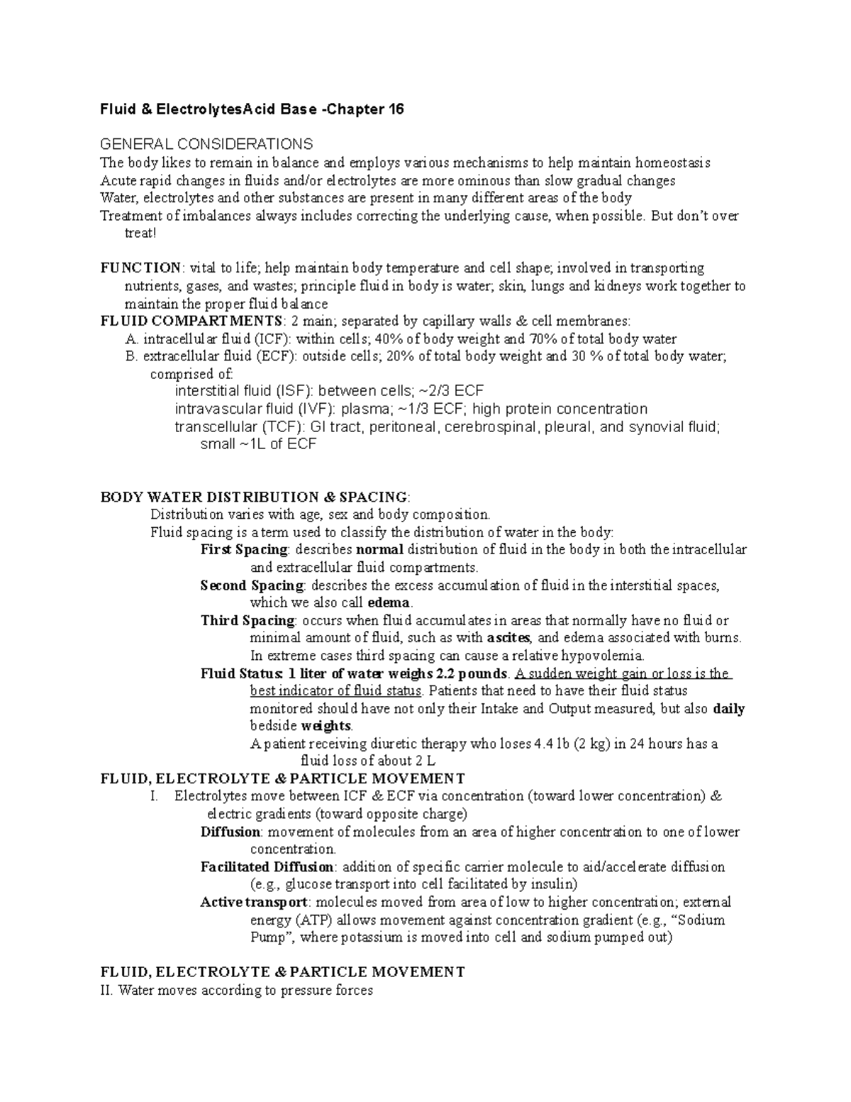 Peds test 3 study guide - Fluid & Electrolytes Acid Bas e -Chapter 16 ...