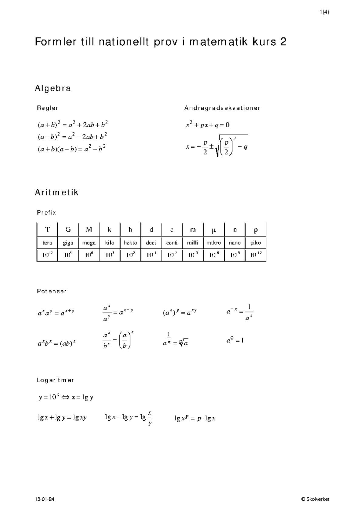 Formelblad matematik 2b - Formler till nationellt prov i matematik kurs ...