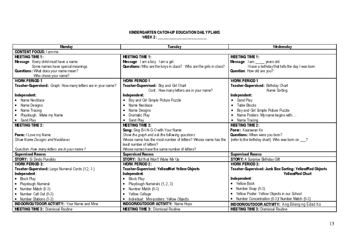 Kindergarten Lesson Plan Week 2 - KINDERGARTEN CATCH-UP EDUCATION DAILY ...