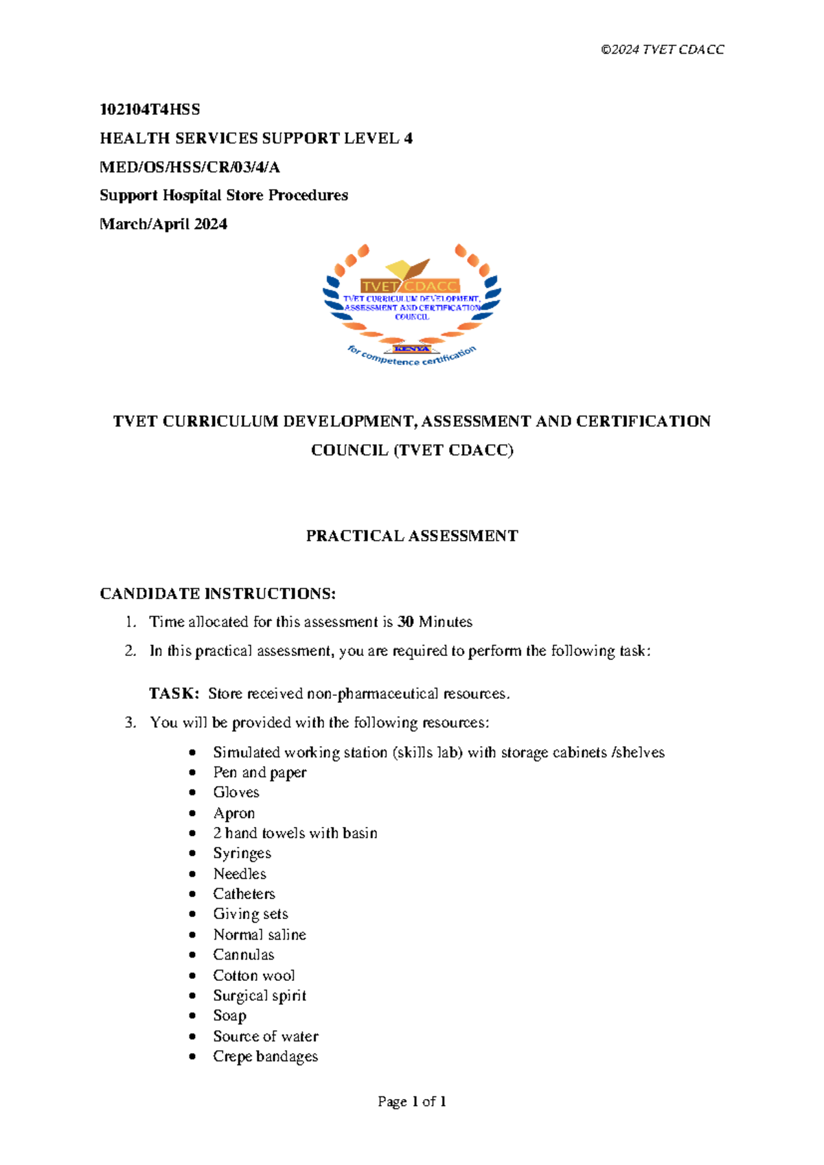 HSS level 4 pratical assessment checklist (Support Hospital Store ...