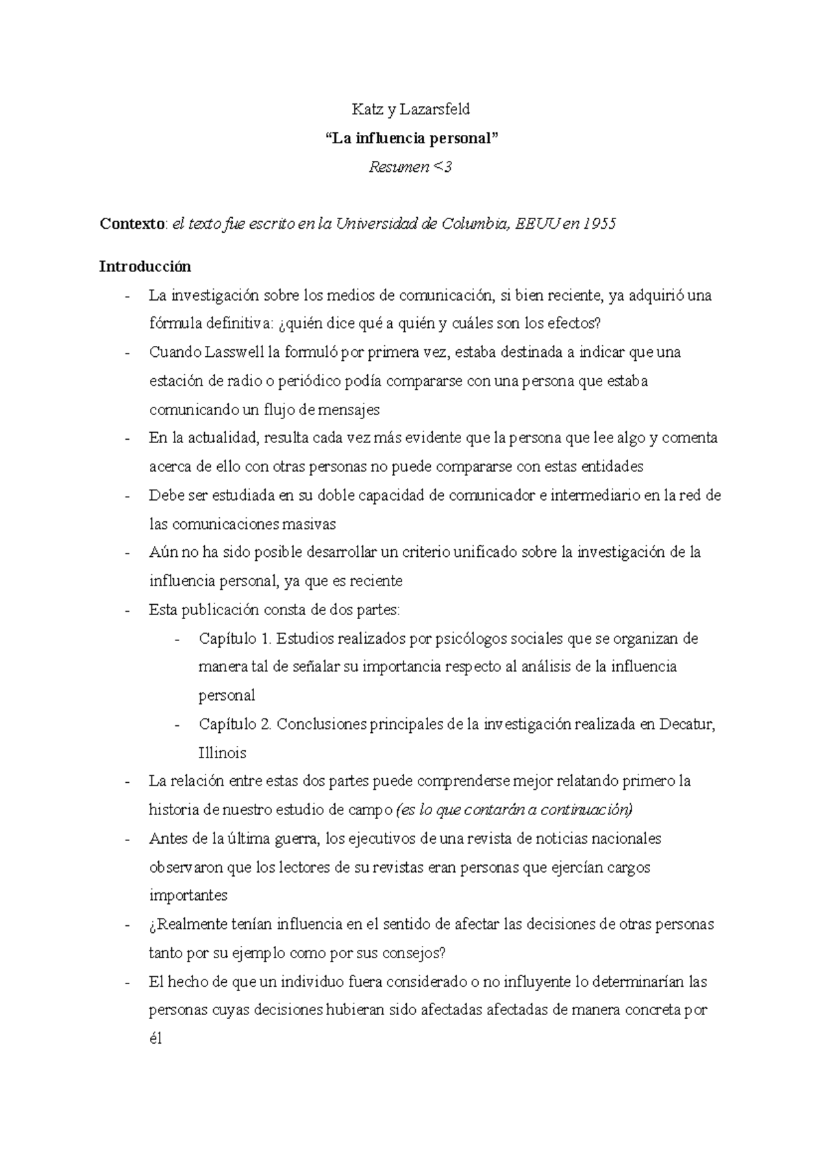 Katz y Lazarsfeld - La influencia personal Resumen - Katz y Lazarsfeld ...