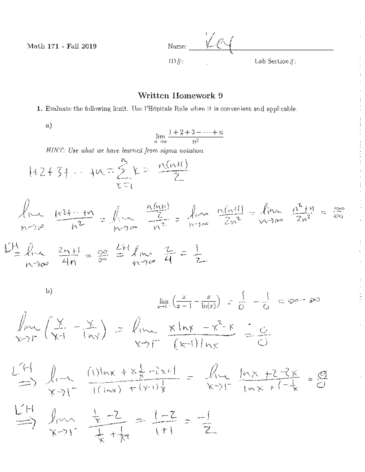 Hw9solns - home work - Math 171 Fall 2019 Name: Key Lab Written ...