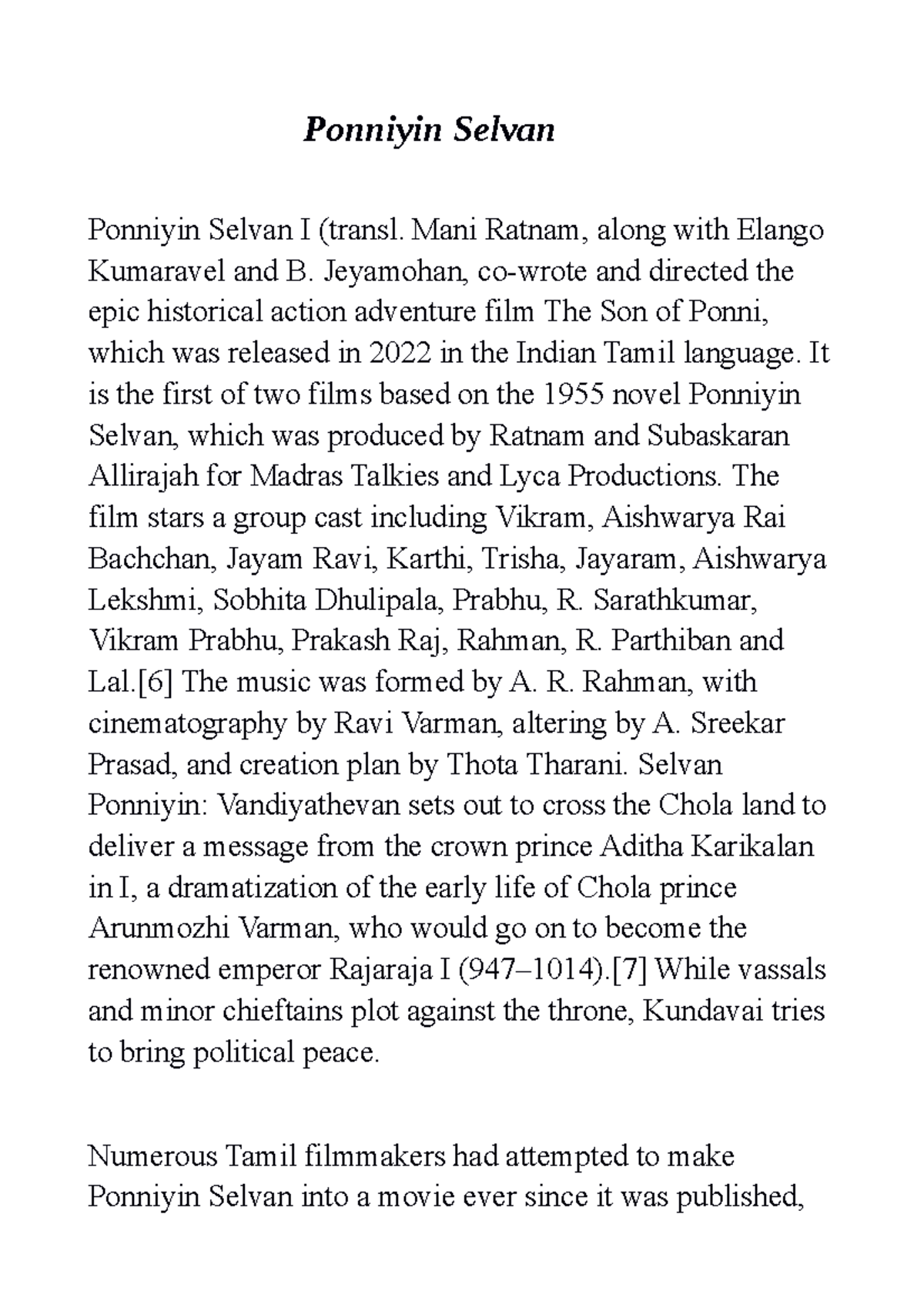 Ponniyin Selvan 1 - Ifah - Ponniyin Selvan Ponniyin Selvan I (transl ...