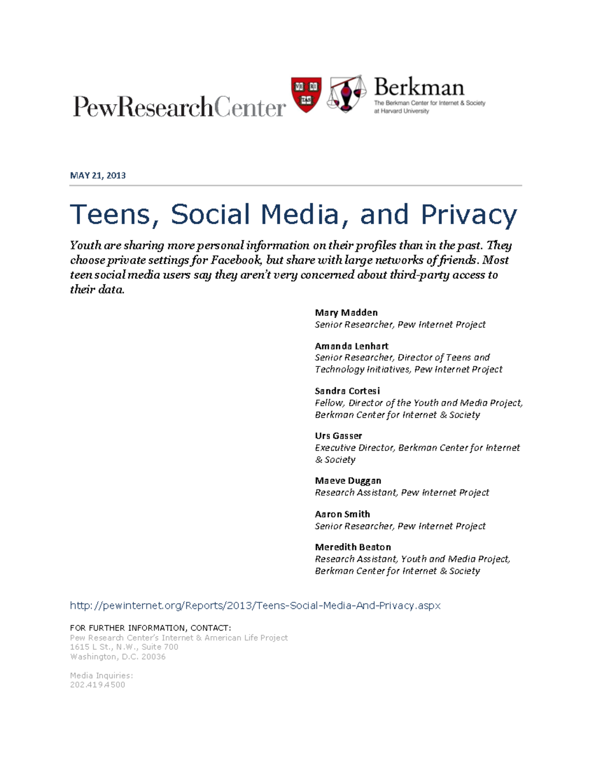 Article Teens Social Media and Privacy (PEW Report) - MAY 21, 2013 ...