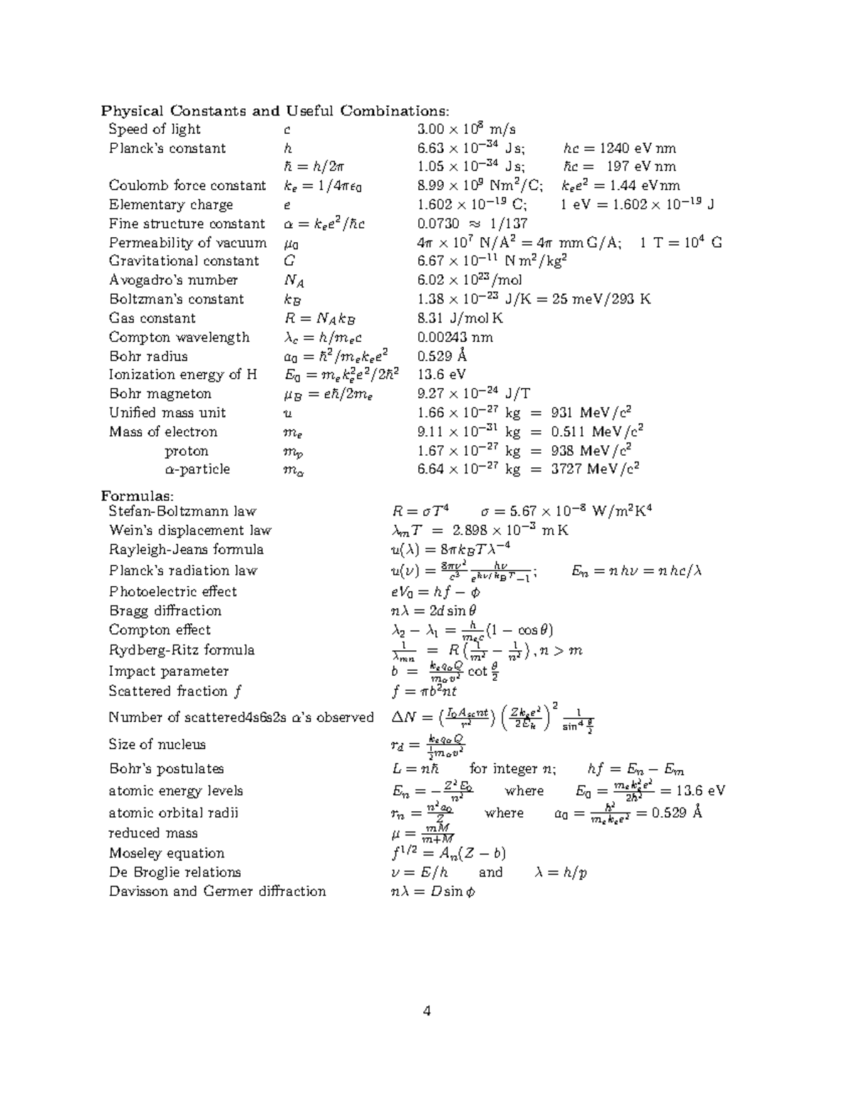 Exam1 formulas - Quiz1 formula sheet - Physical Constants and Useful ...
