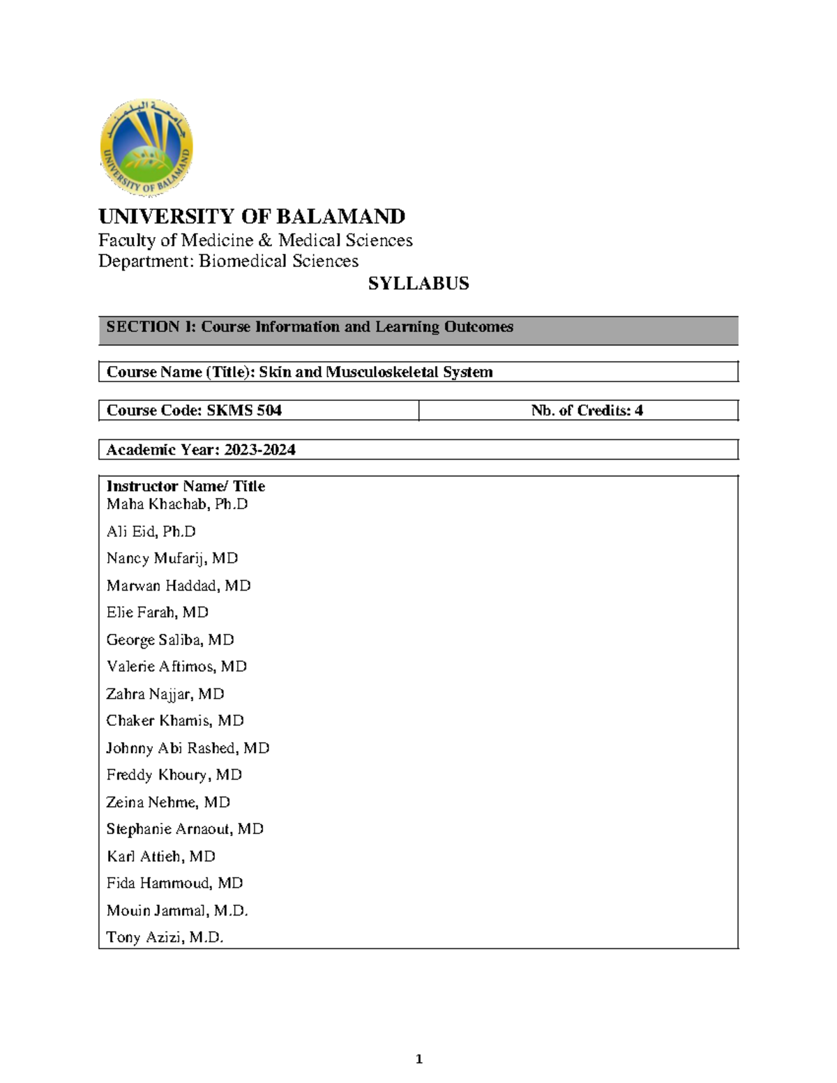 Syllabus AY 2023-2024 - UNIVERSITY OF BALAMAND Faculty of Medicine & Medical Sciences - Studocu