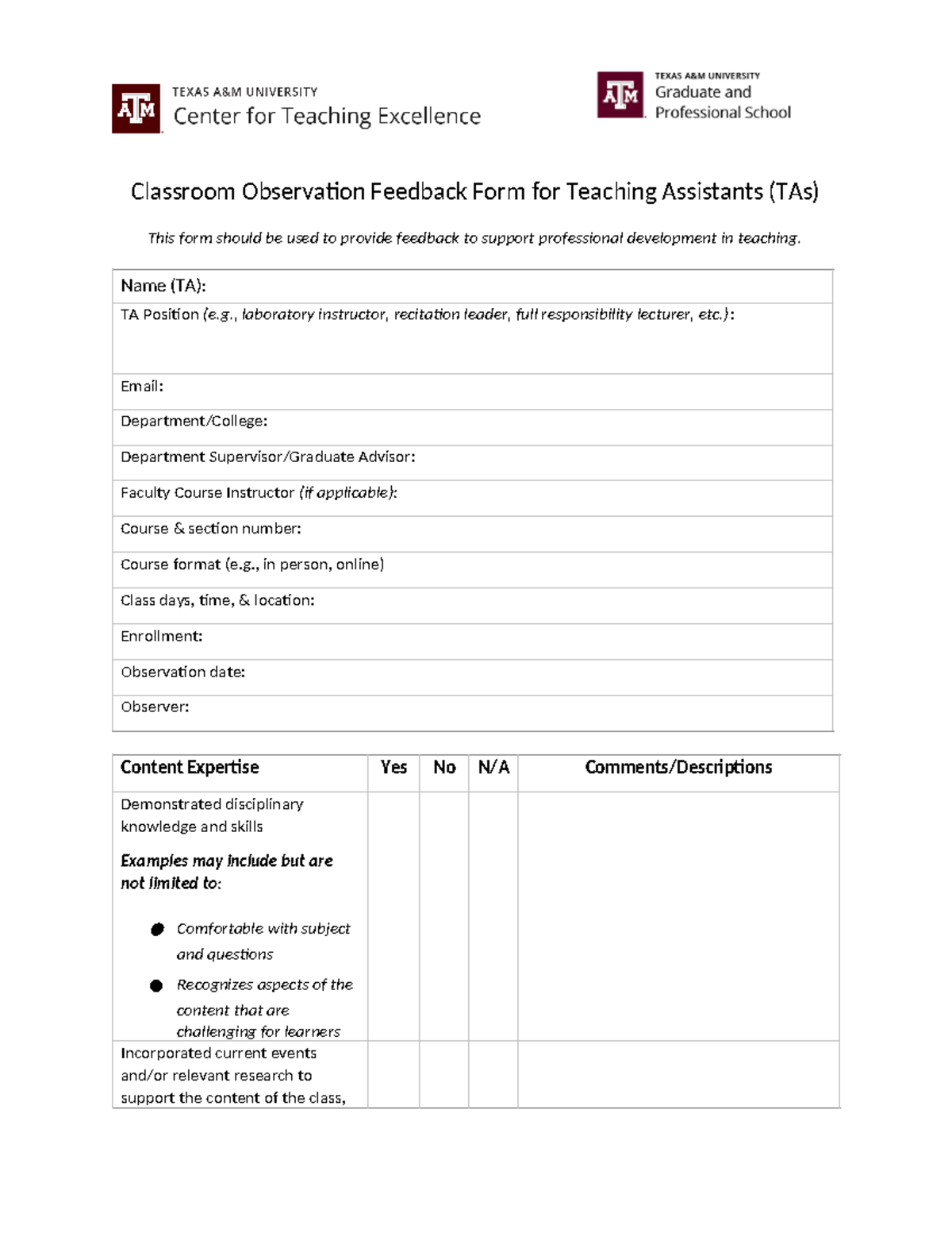 676630769 Teaching Assistant Class Observation Feedback Report Form 1 ...