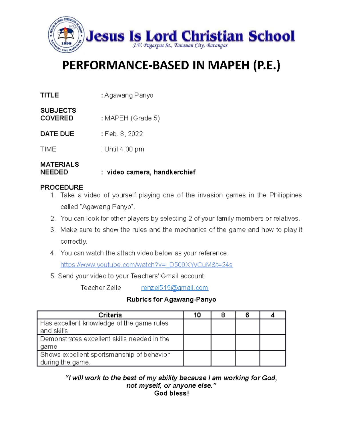 G5 Mapeh PE Agawang Panyo - PERFORMANCE-BASED IN MAPEH (P.) TITLE ...