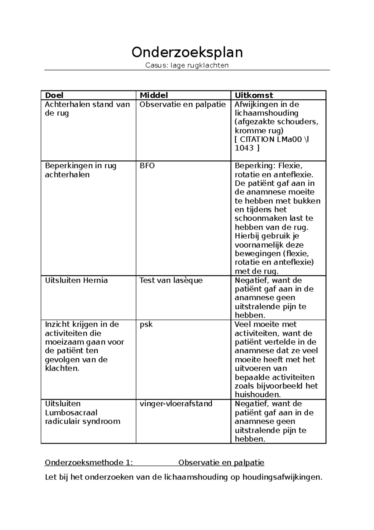 Onderzoeksplan casus lage rugklachten - Onderzoeksplan Casus: lage ...