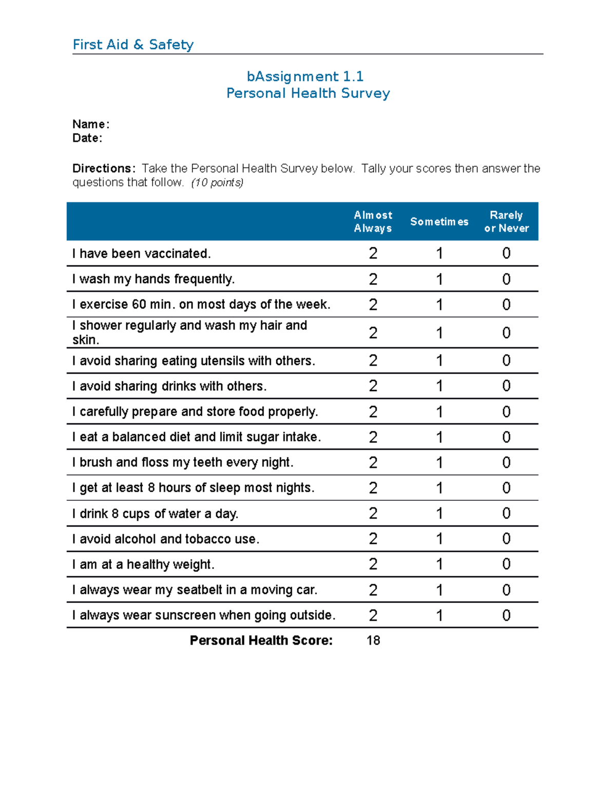 1 1assignment healthsurvey - First Aid & Safety bAssignment 1. Personal ...