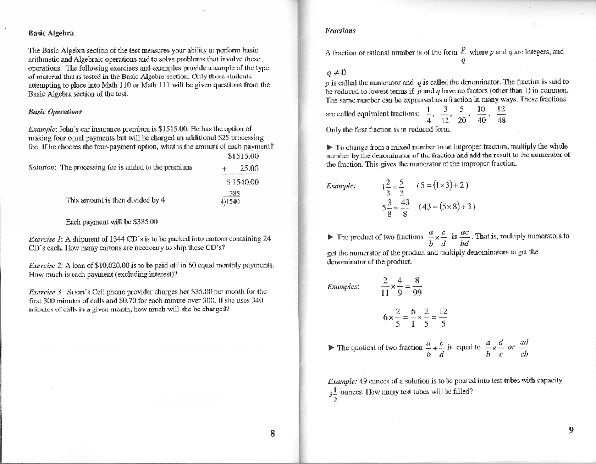 Summarized Book of Contents for MATH 108 - Basic Algebra Fractions The ...