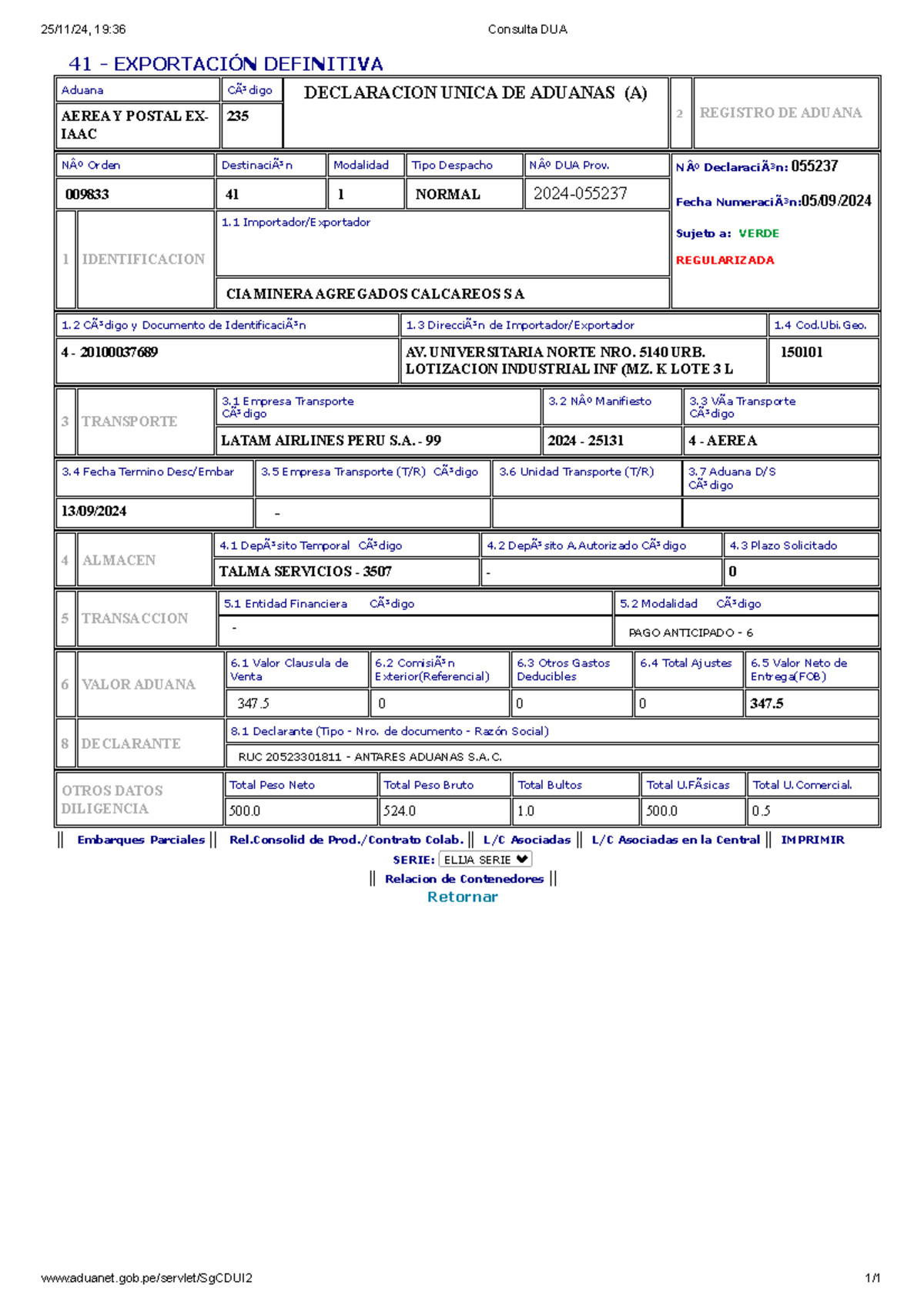 Consulta DUA de la exportacion - 25/11/24, 19:36 Consulta DUA aduanet ...