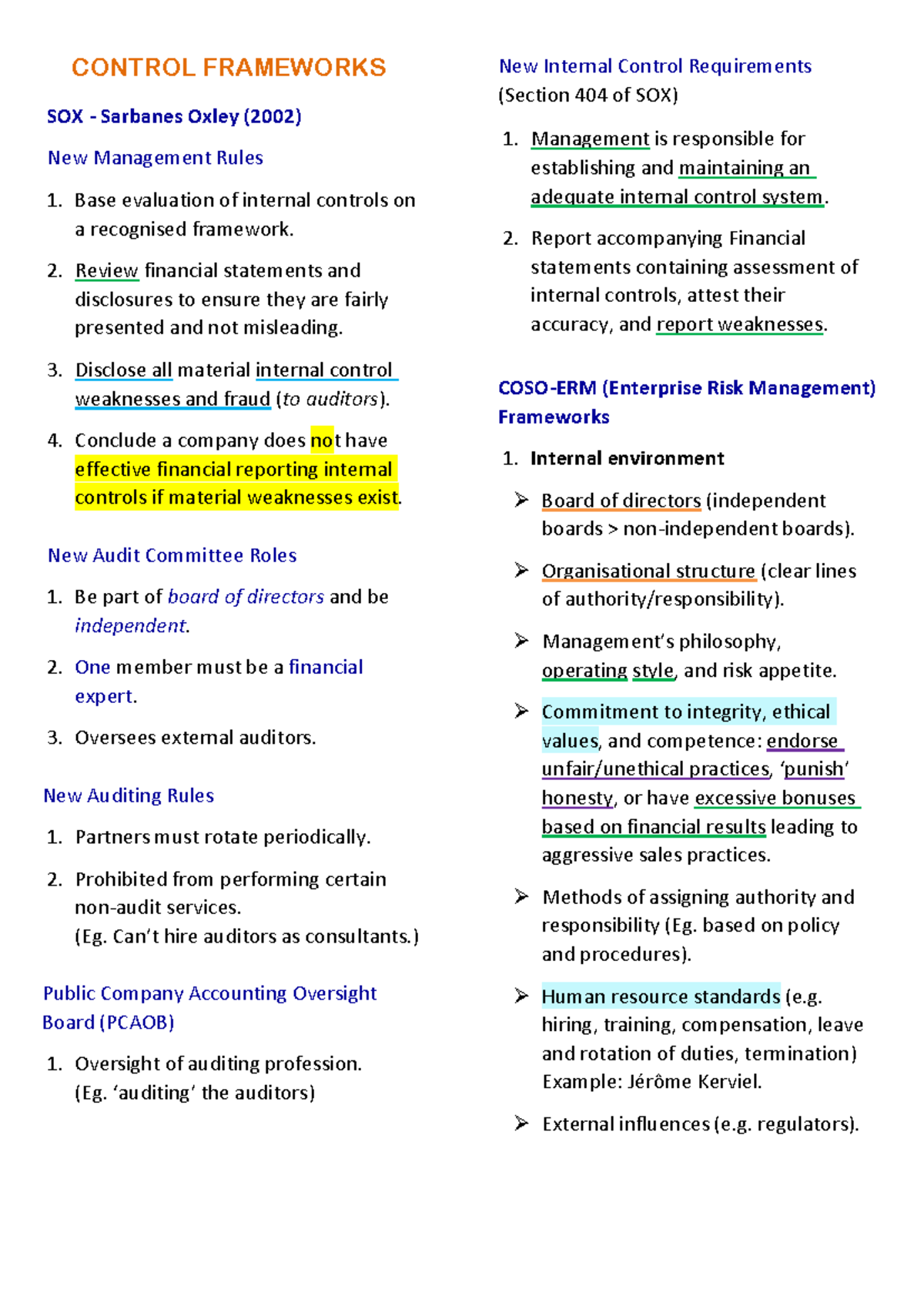 6. Control Frameworks - Lecture notes 6 - CONTROL FRAMEWORKS SOX ...