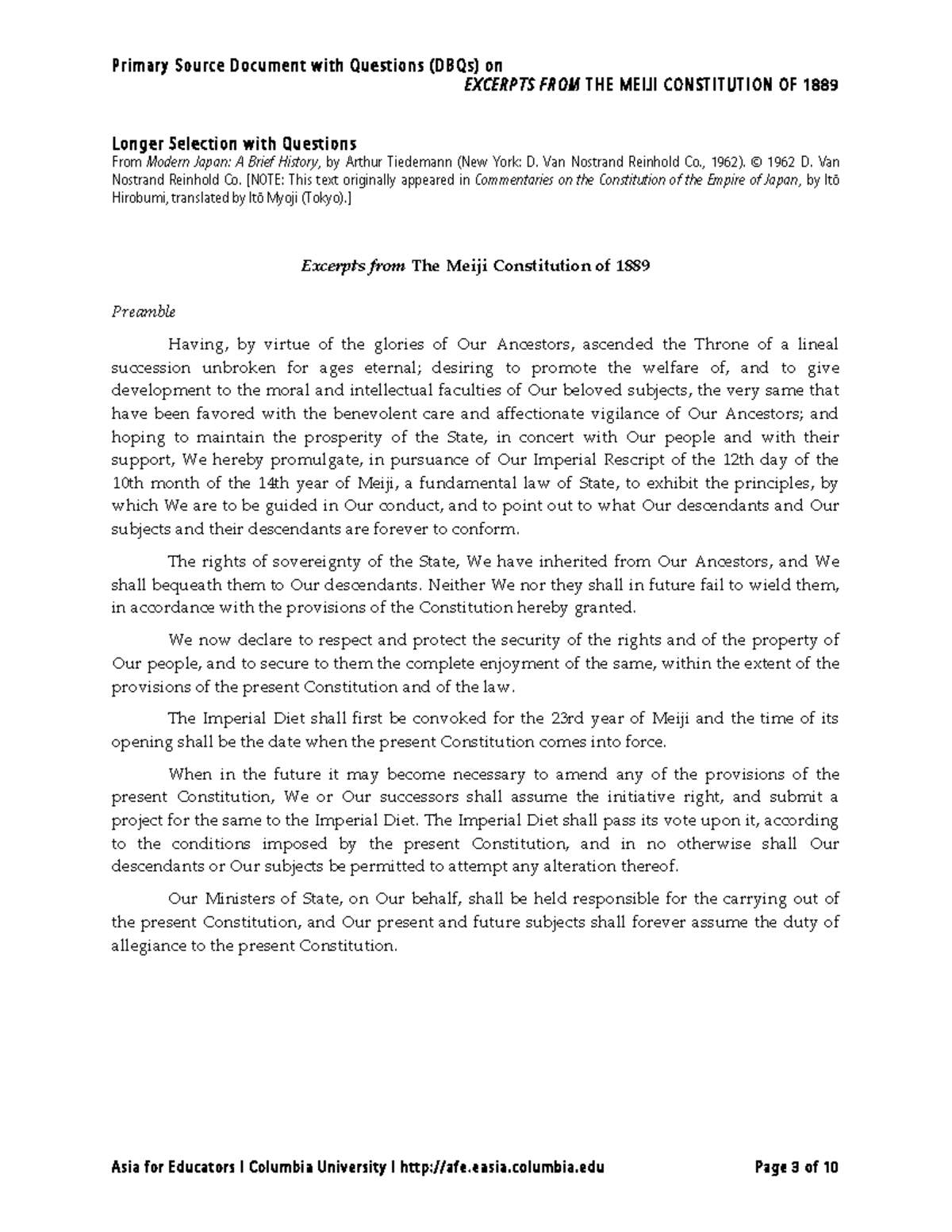 Meiji Constitution March 7 - EXCERPTS FROM THE MEIJI CONSTITUTION OF ...