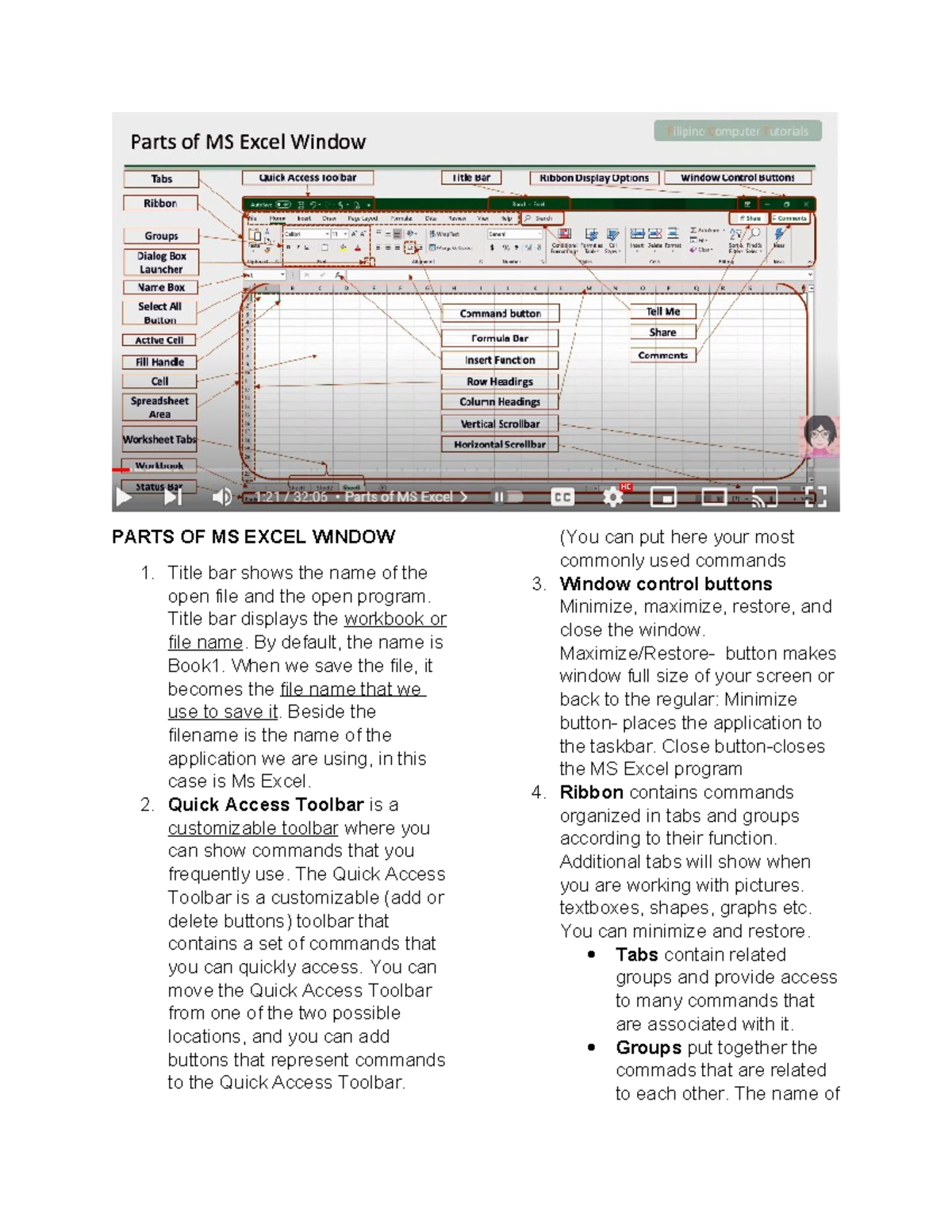 SASA - ...... - PARTS OF MS EXCEL WINDOW Title bar shows the name of ...