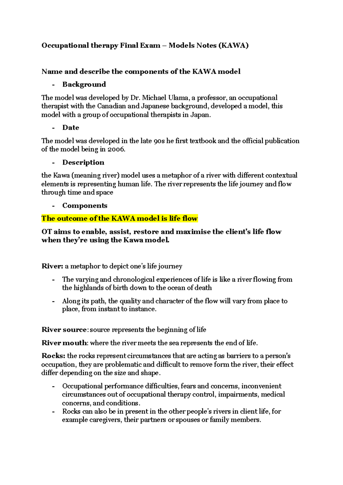 OT KAWA - IOT KAWA model final exam notes - Occupational therapy Final ...