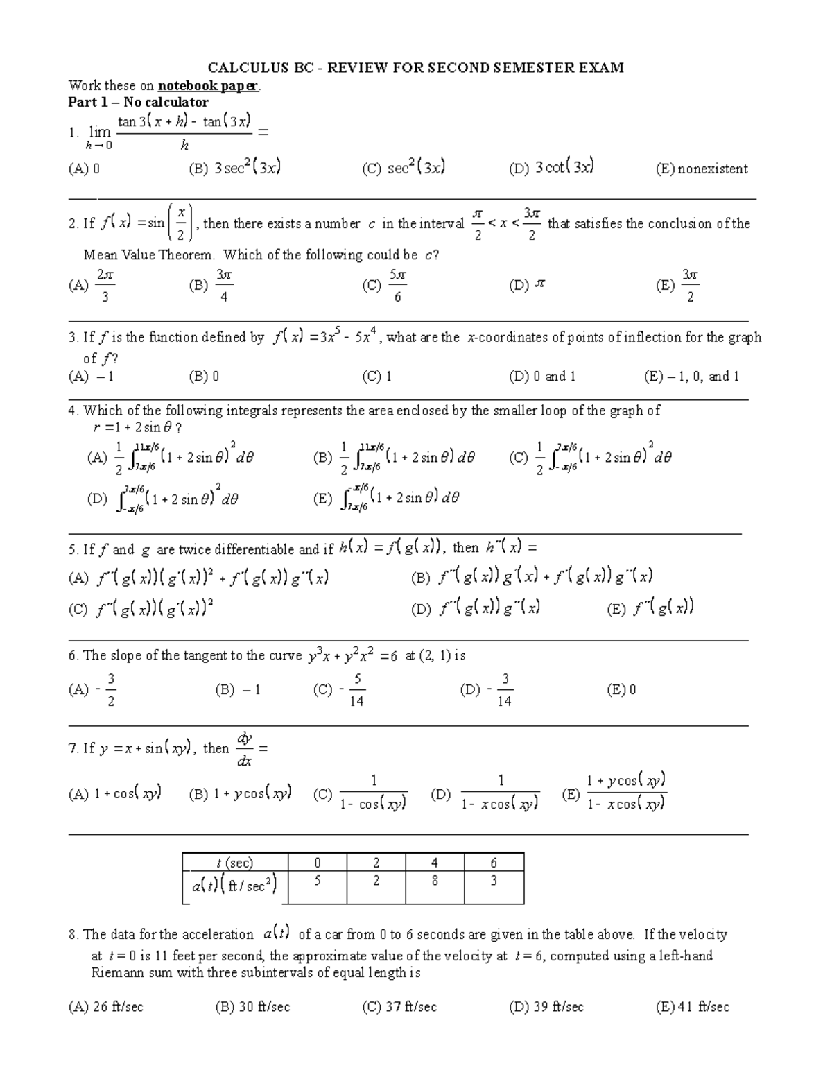 Calc Review for Second Semester Exam - CALCULUS BC - REVIEW FOR SECOND ...