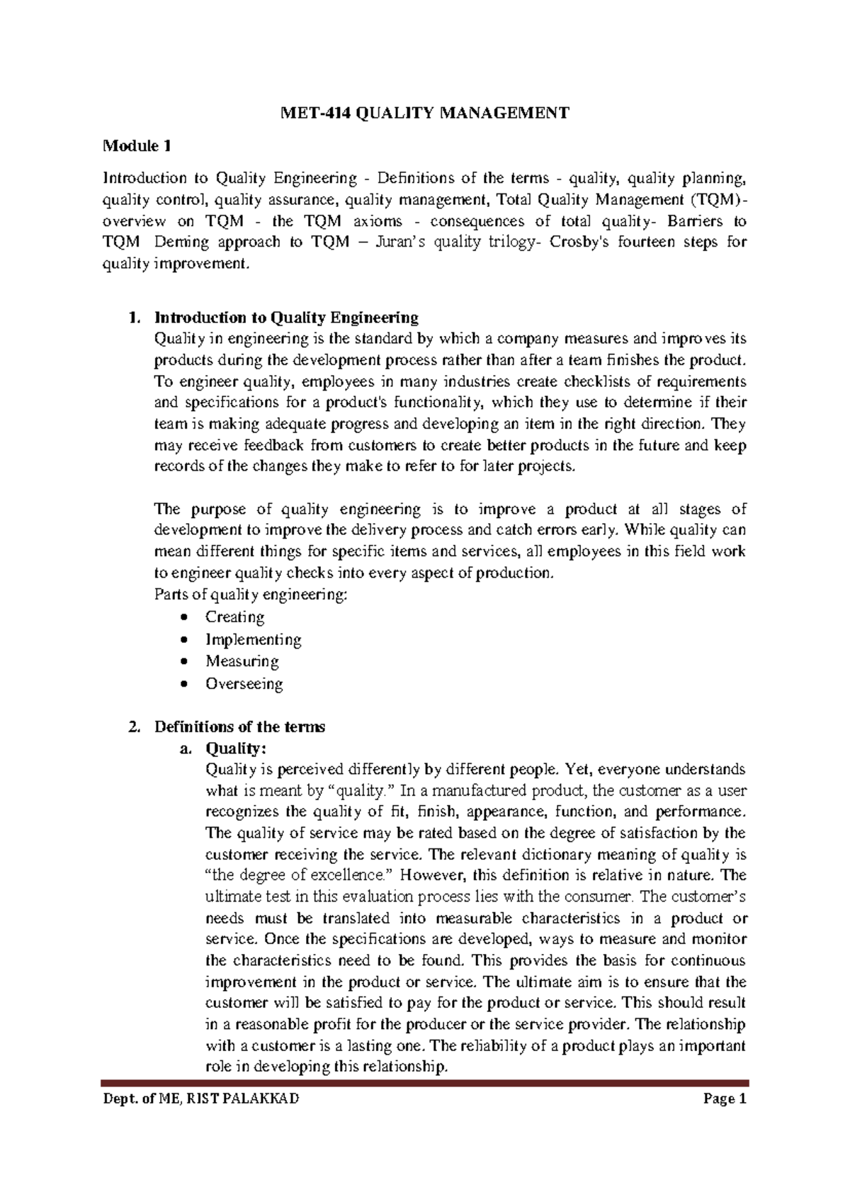 QM Module 1&2 - MET- 414 QUALITY MANAGEMENT Module 1 Introduction to ...