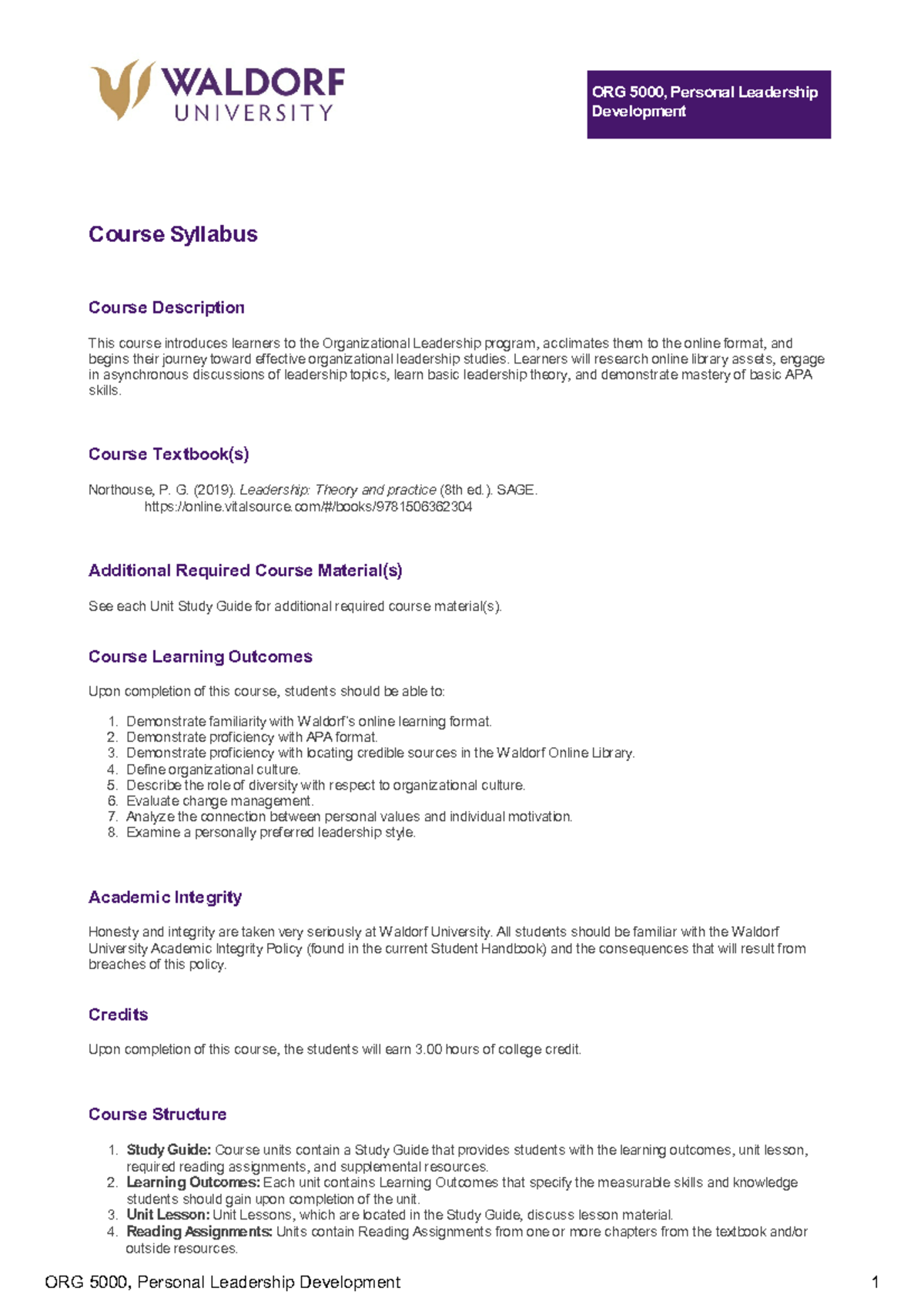 ORG 5000, Personal Leadership Development Syllabus - Course Syllabus ...