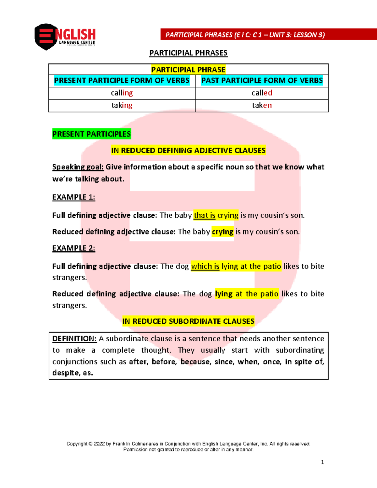 Participial Phrases - Lesson 3 - Copyright © 2022 by Franklin ...