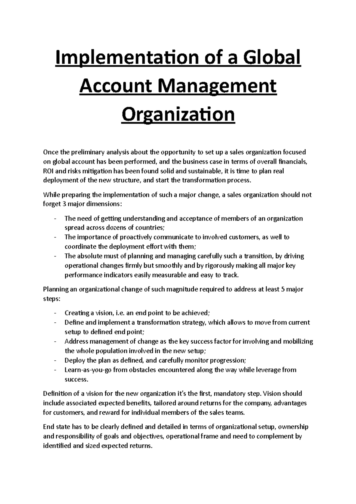 Implementation of a Global Account Management Organization ...