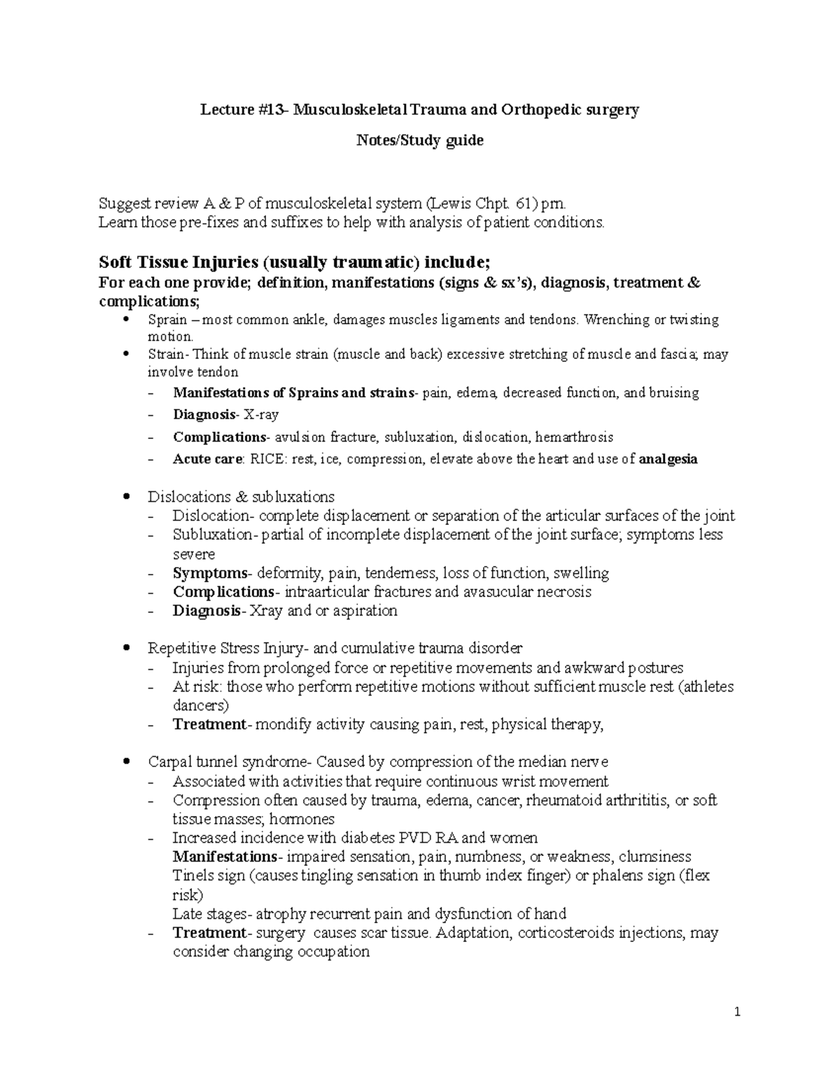 Lecture 13Notes - notes for powepoint - Lecture #13- Musculoskeletal ...