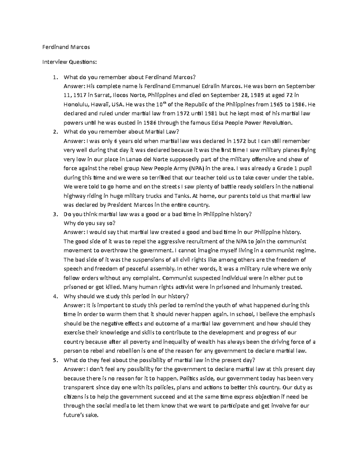 Ferdinand Marcos - Ferdinand Marcos Interview Questions: What do you ...