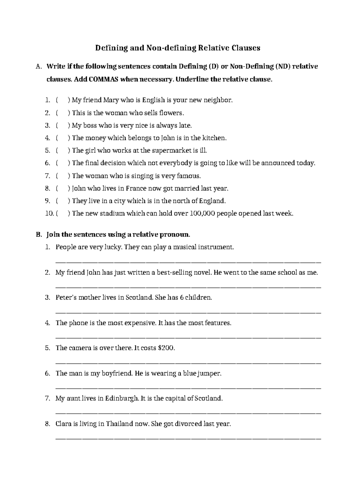 Defining and Non-defining Relative Clauses Worksheet 1 - Defining and ...