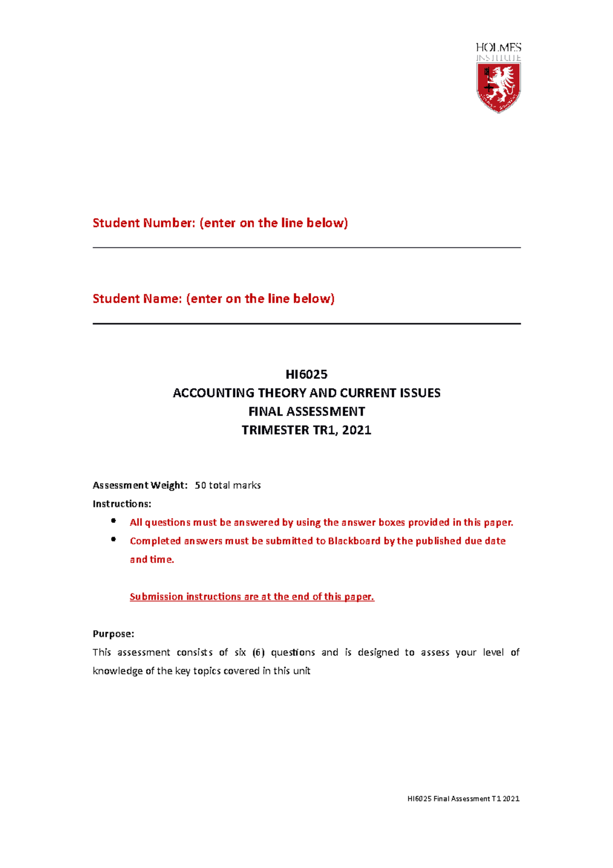 Accounting Ans - For all - Student Number: (enter on the line below ...