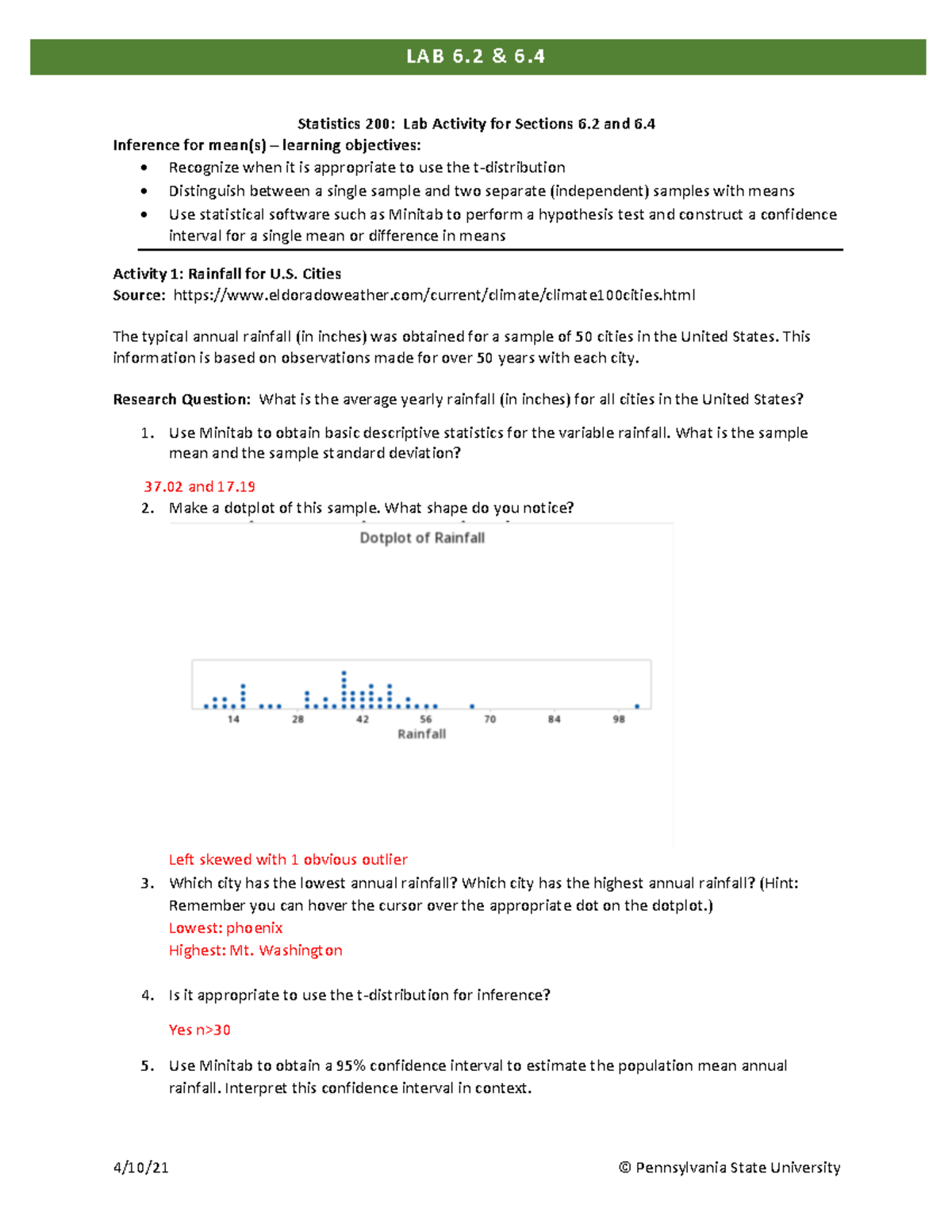 Section 6.2 and 6.4 stat lab - Statistics 200: Lab Activity for ...