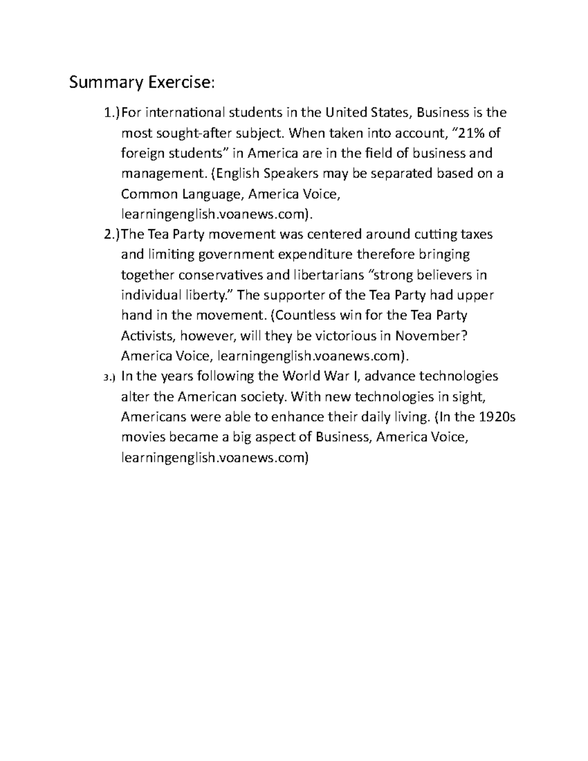 Summary Exercise - Sum/Response - Summary Exercise: 1.)For ...