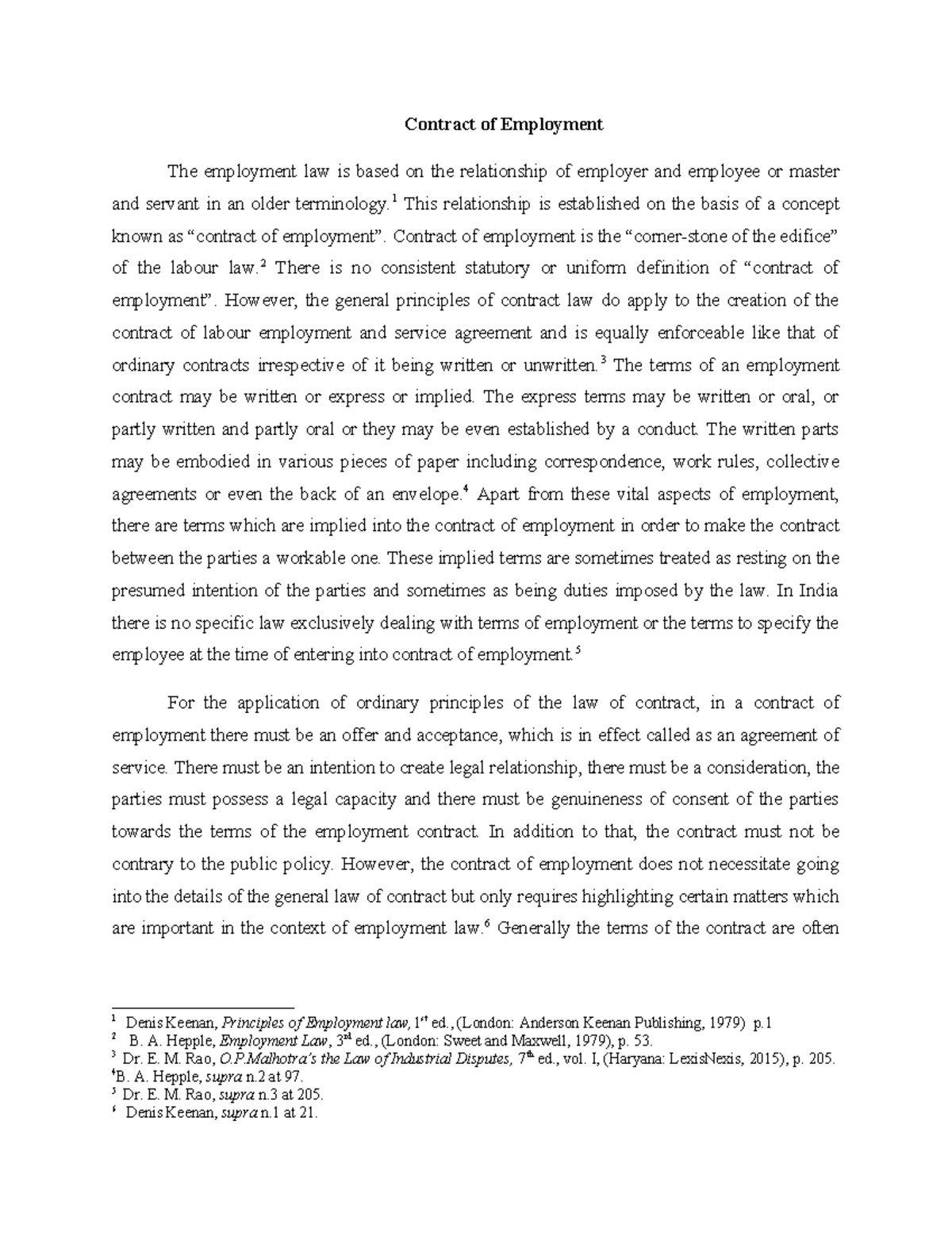 Concept of Contract of Employment - Contract of Employment The ...