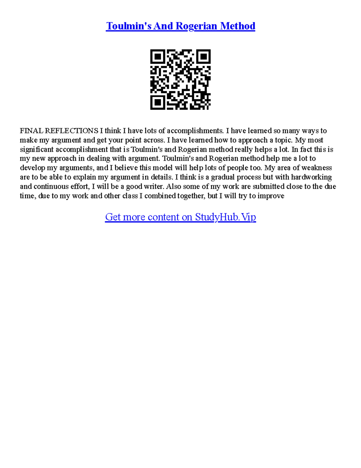 Rogerian Essay Sample - Toulmin's And Rogerian Method FINAL REFLECTIONS I think I have lots of ...