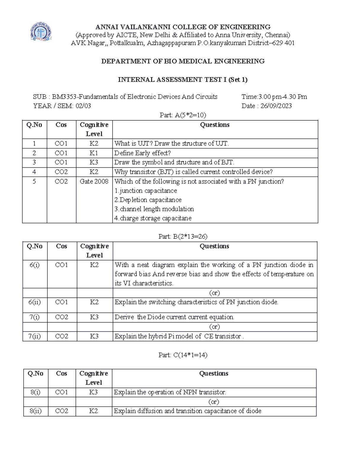 FEDC iat 1 S2 - ii year/iii sem bme - ANNAI VAILANKANNI COLLEGE OF ...